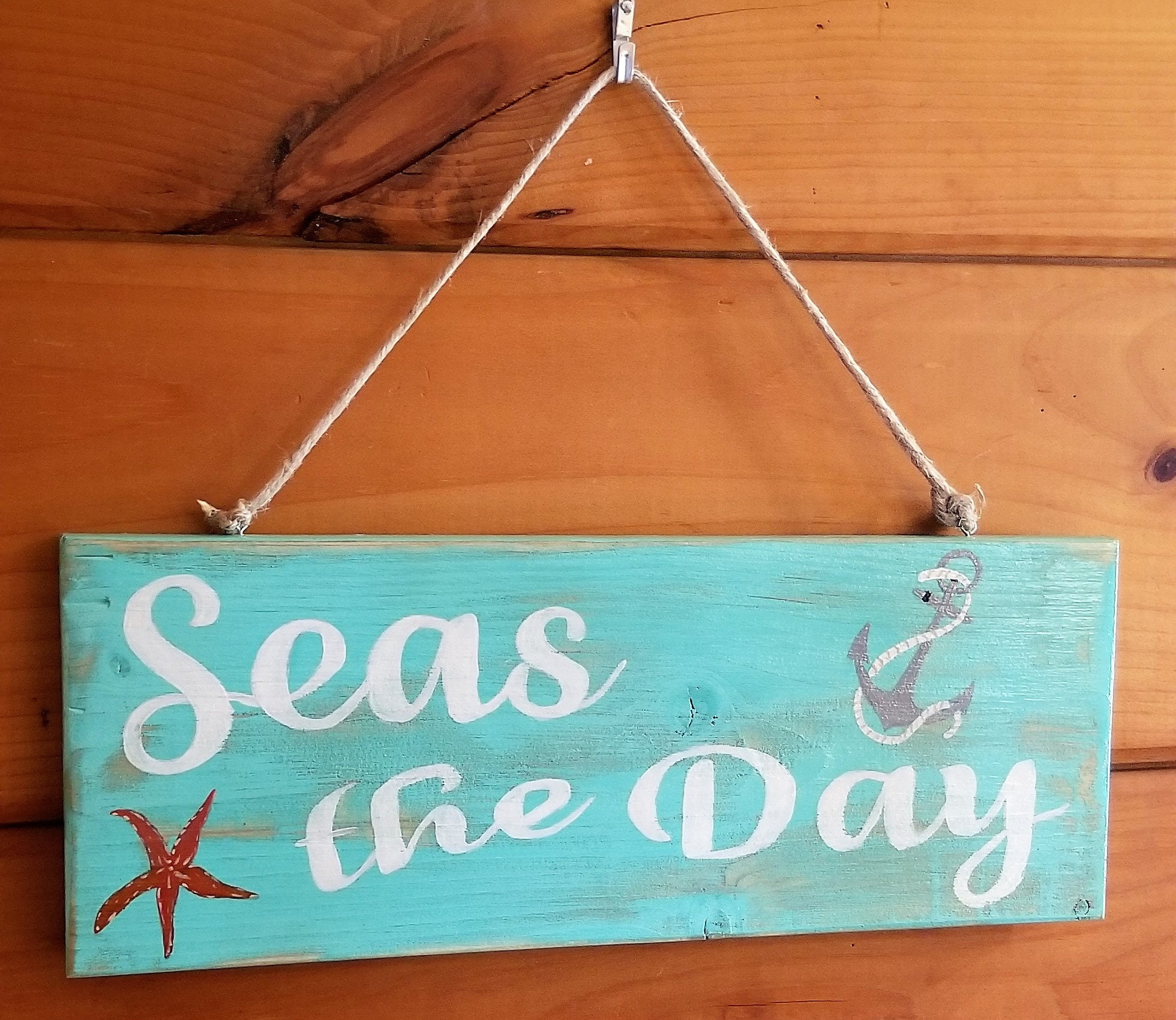 Handmade Wooden Sign That Says " Seas the Day", Painted Beach Signs ...