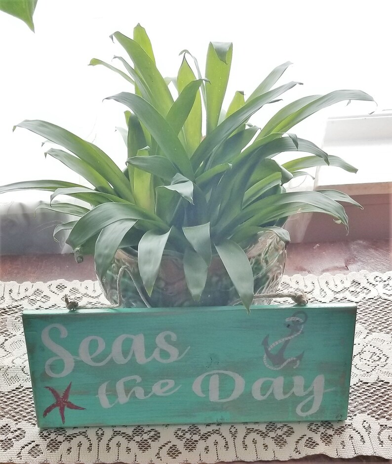 Handmade Wooden Sign That Says " Seas the Day", Painted Beach Signs ...