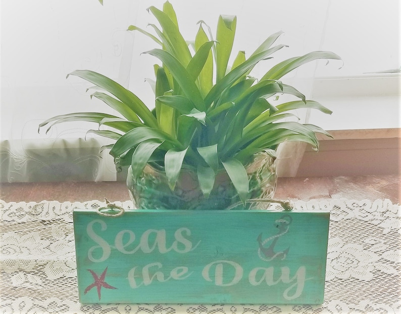 Handmade Wooden Sign That Says " Seas the Day", Painted Beach Signs ...