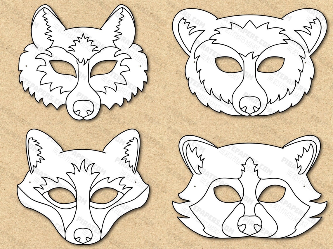 Woodland Forest Animals Masks Printable Coloring, Wolf, Fox, Bear ...