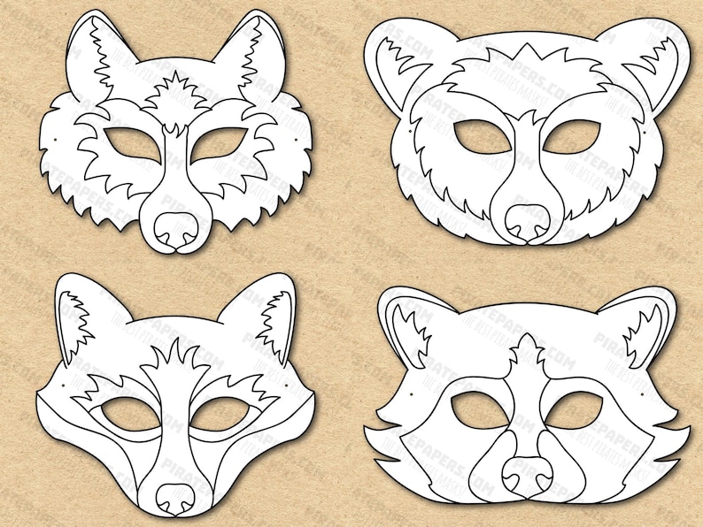 Woodland Forest Animals Masks Printable Coloring, Wolf, Fox, Bear ...