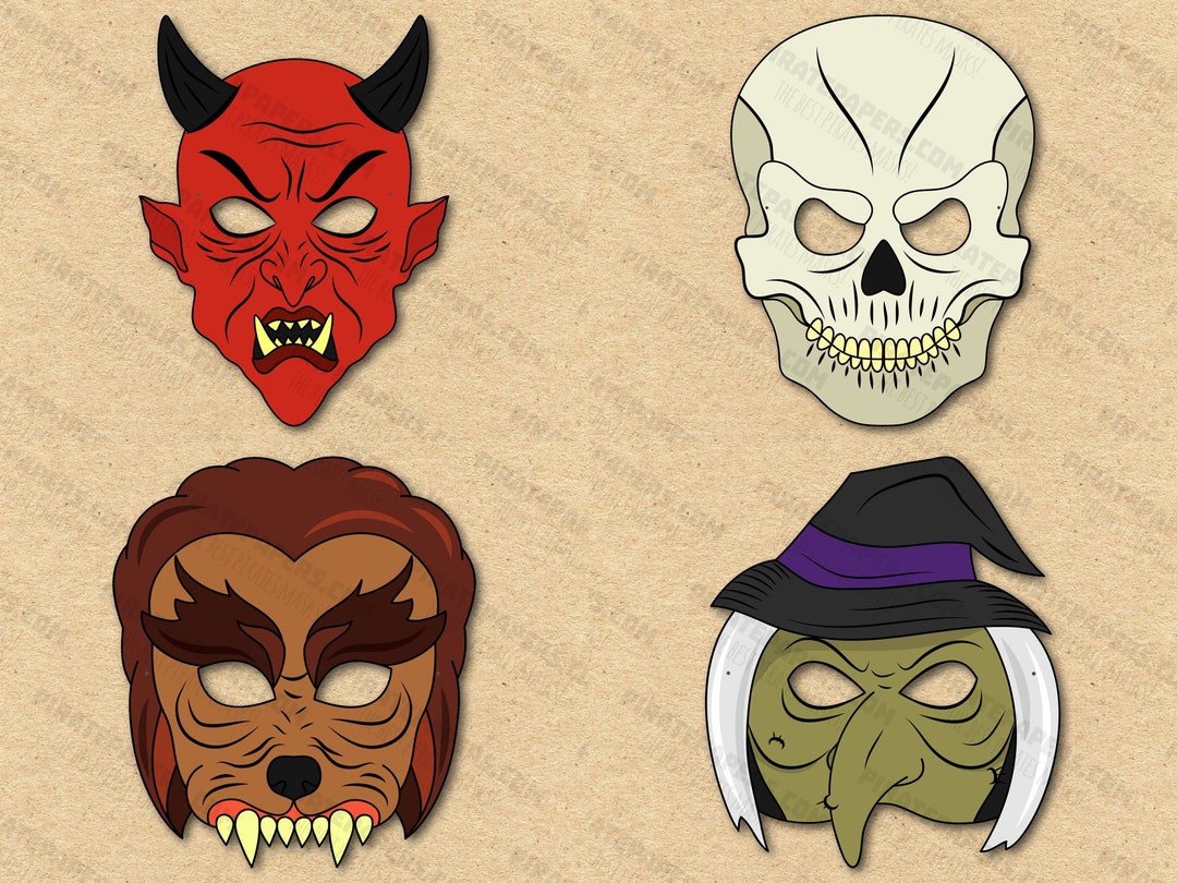 Halloween 2 Masks Printable, Witch, Werewolf, Skull, Demon. Paper DIY ...