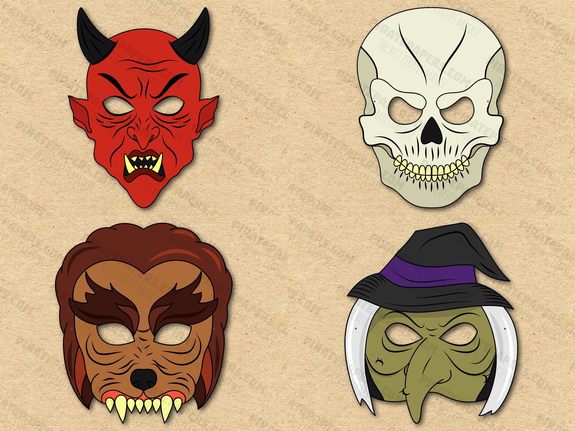 Halloween 2 Masks Printable, Witch, Werewolf, Skull, Demon. Paper DIY ...