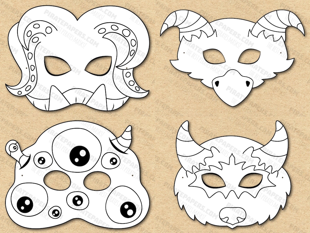Monster Masks Printable Coloring, Paper DIY for Kids and Adults. PDF ...