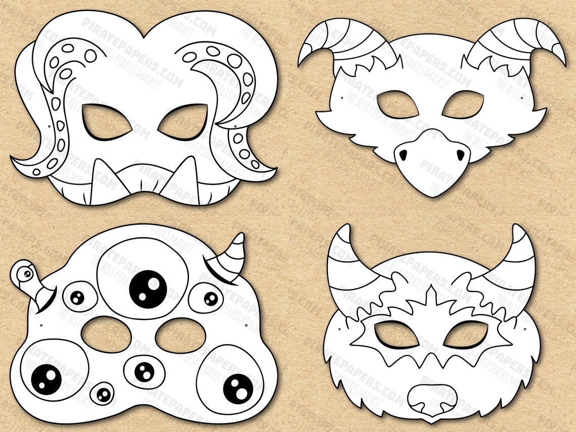 Monster Masks Printable Coloring, Paper DIY for Kids and Adults. PDF ...