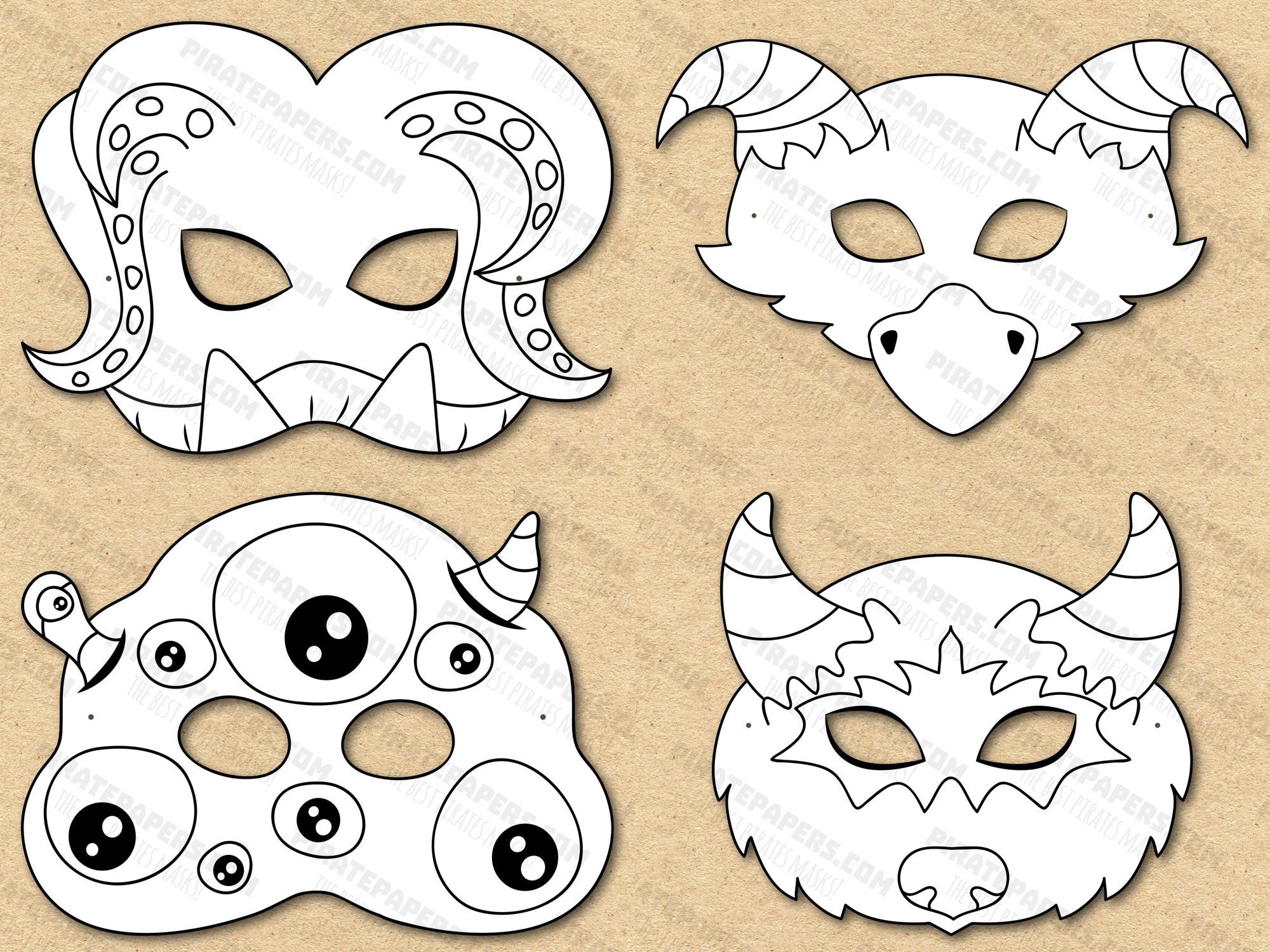 Monster Masks Printable Coloring, Paper DIY for Kids and Adults. PDF ...