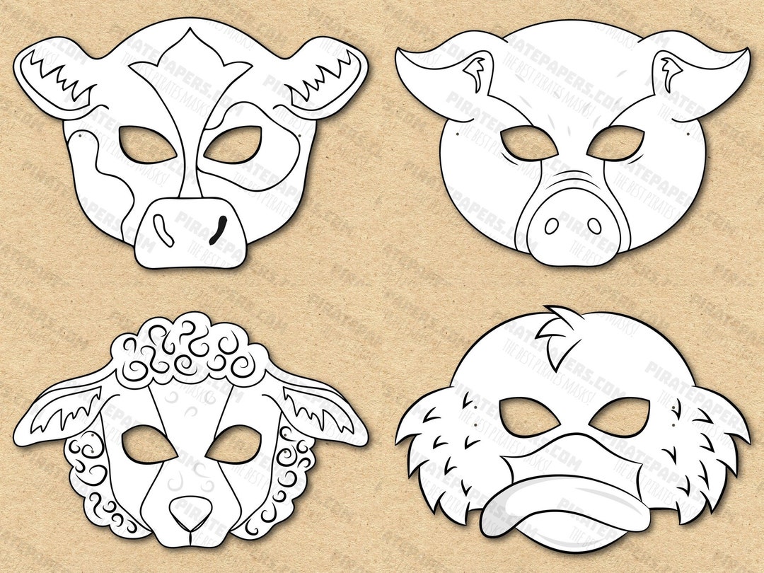 Farm and Barnyard Animals 4 Masks Printable Coloring, Sheep, Goose, Cow ...