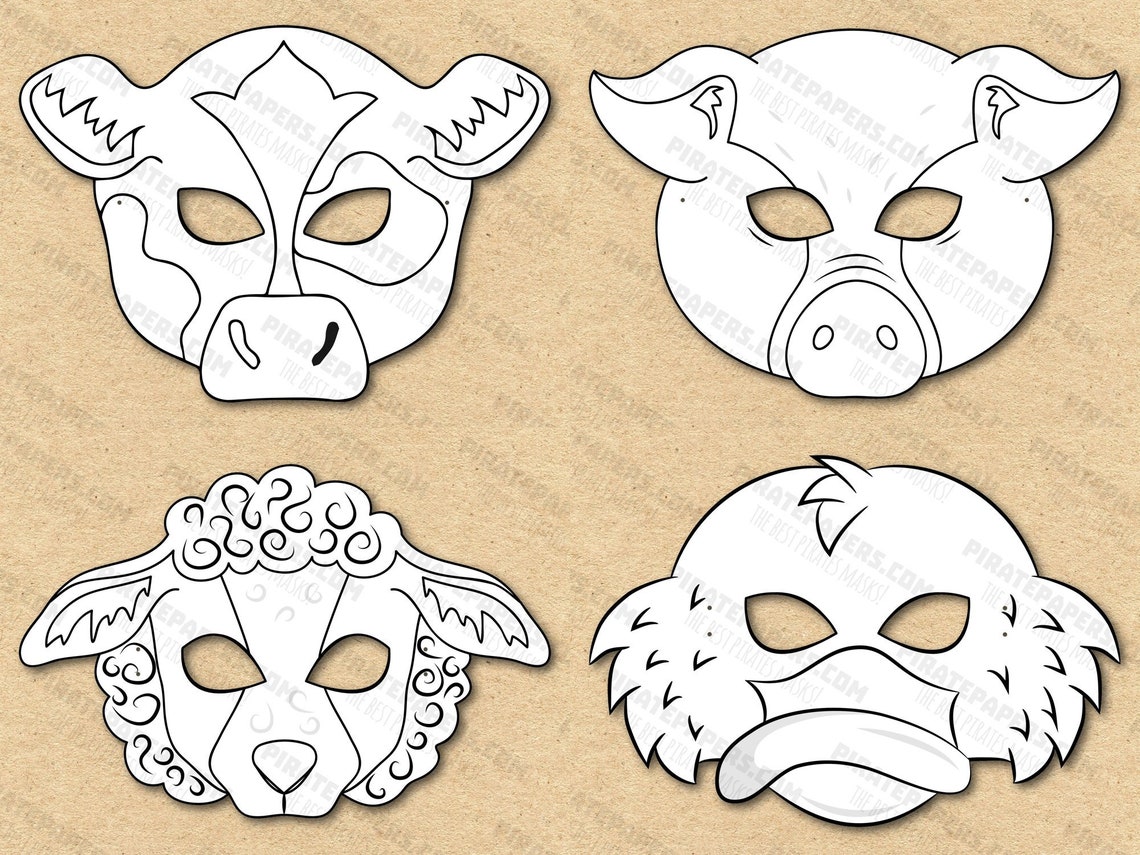 Farm and Barnyard Animals 4 Masks Printable Coloring, Sheep, Goose, Cow ...