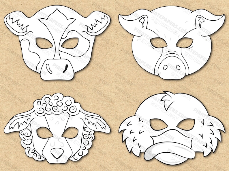 Farm and Barnyard Animals 4 Masks Printable Coloring, Sheep, Goose, Cow ...