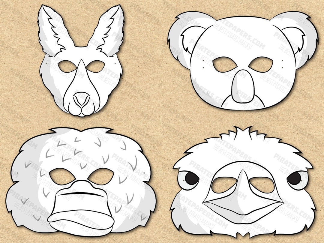 Australian Animals Masks Printable Coloring, Kangaroo, Koala, Platypus ...