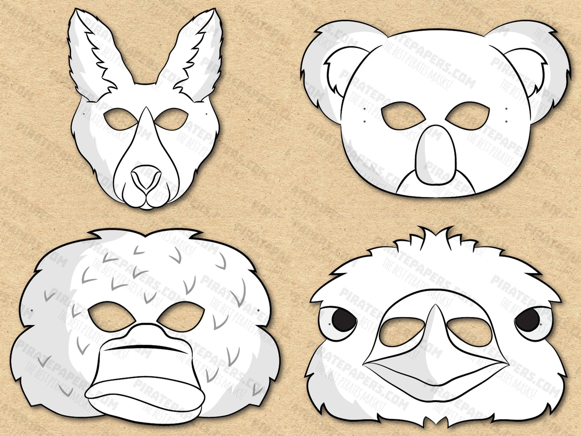 Australian Animals Masks Printable Coloring, Kangaroo, Koala, Platypus ...