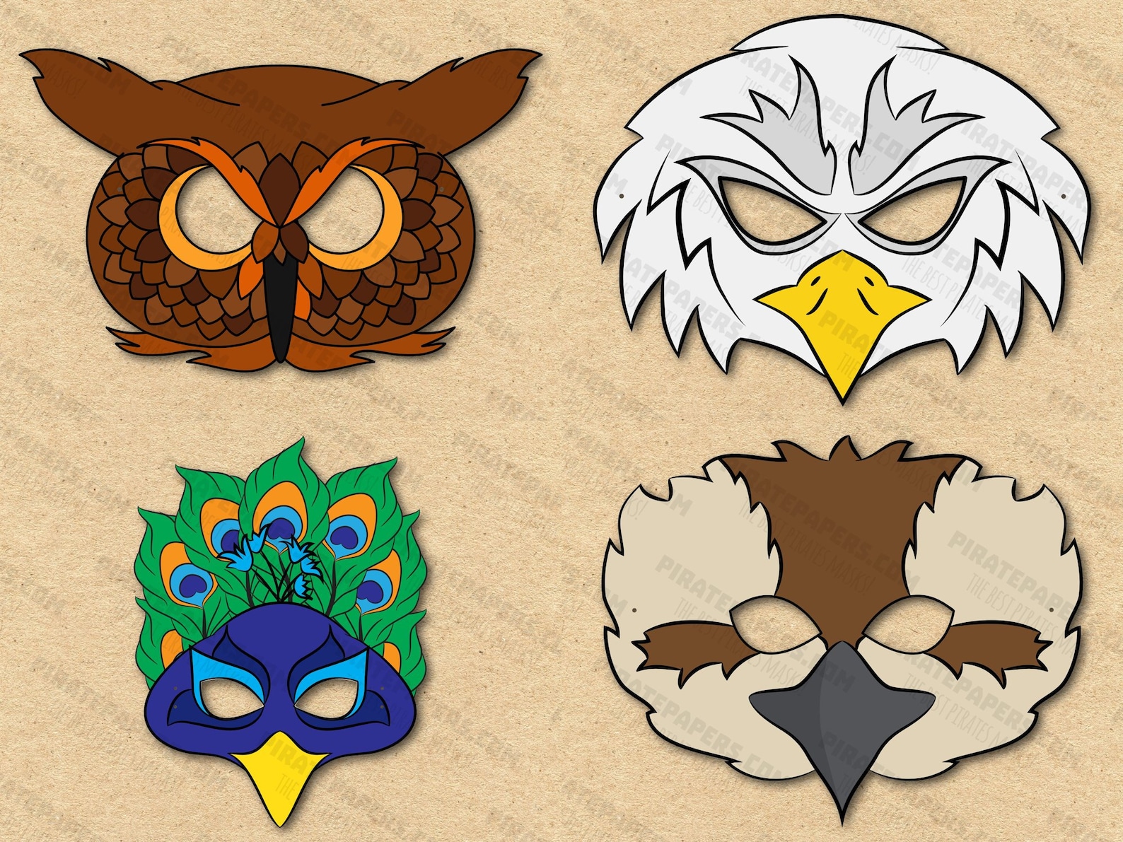 Birds Masks Printable, Owl, Peacock, Eagle, Kookaburra, Paper DIY for ...