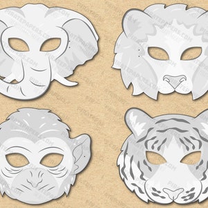 Jungle Animals Masks Printable Coloring, Lion, Monkey, Tiger, Elephant ...