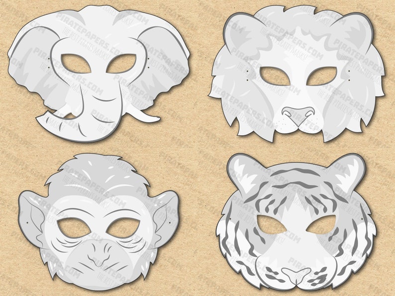 Jungle Animals Masks Printable Coloring, Lion, Monkey, Tiger, Elephant ...