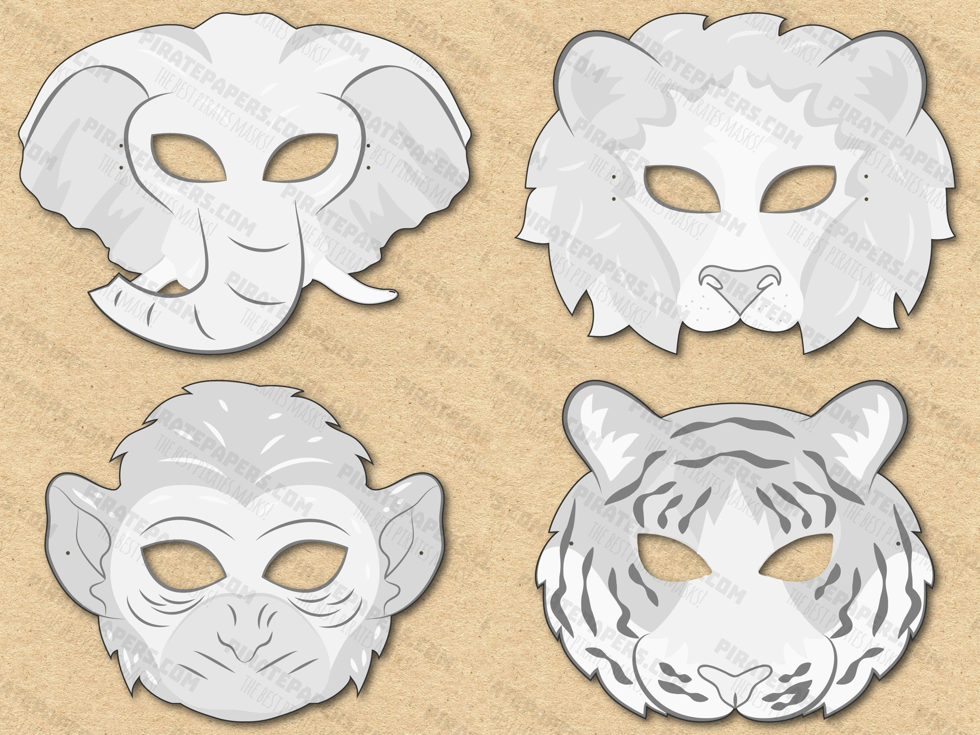 Jungle Animals Masks Printable Coloring, Lion, Monkey, Tiger, Elephant ...