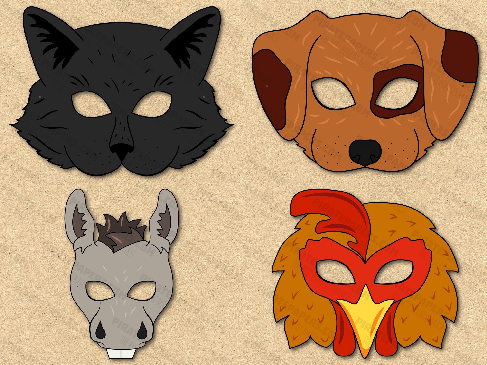 Farm and Barnyard Animals 3 Masks Printable, Cat, Dog, Donkey, Rooster ...
