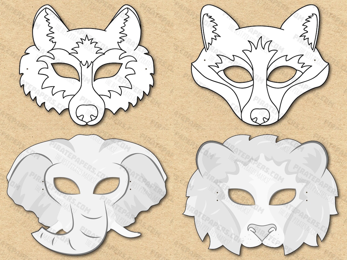 Zoo Animals Masks Printable Coloring, Elephant, Wolf, Fox, Lion. Paper ...