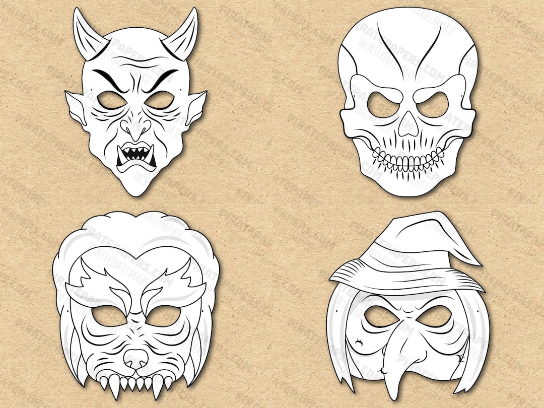 Halloween 2 Masks Printable Coloring, Witch, Werewolf, Skull, Demon ...