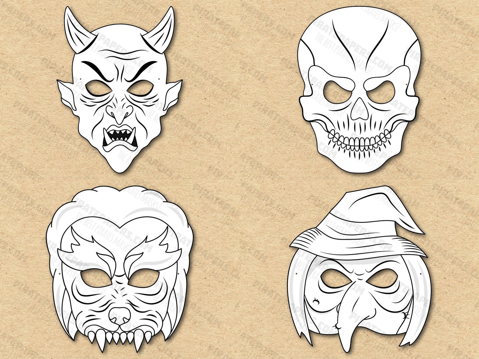 Halloween 2 Masks Printable Coloring, Witch, Werewolf, Skull, Demon ...