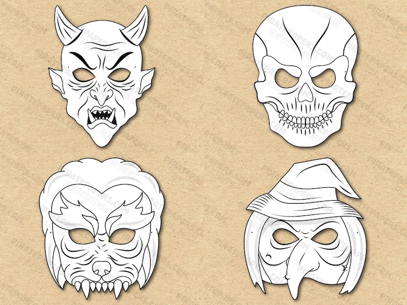Halloween 2 Masks Printable Coloring, Witch, Werewolf, Skull, Demon ...