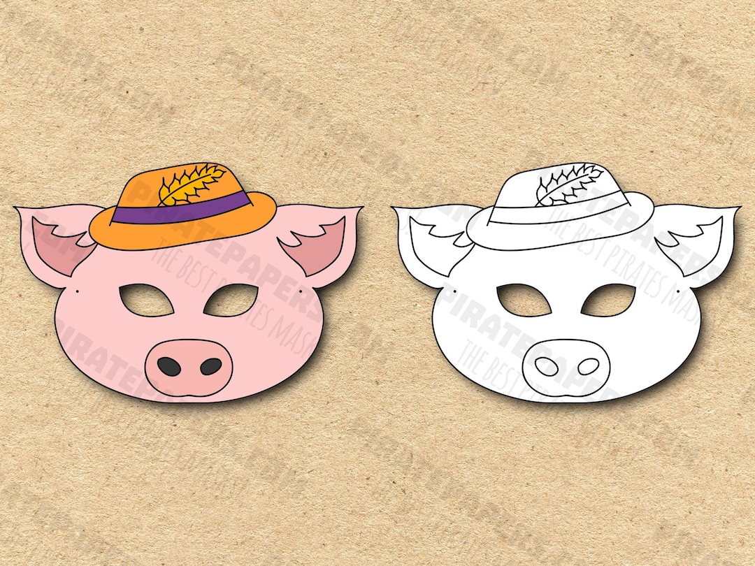 Pig #2 Color + Coloring Printable Mask (the Three Little Pigs), Paper ...