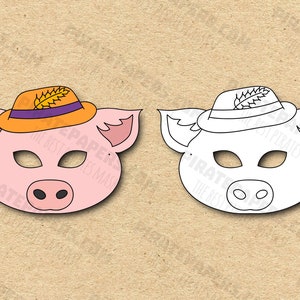 Pig #2 Color + Coloring Printable Mask (the Three Little Pigs), Paper ...