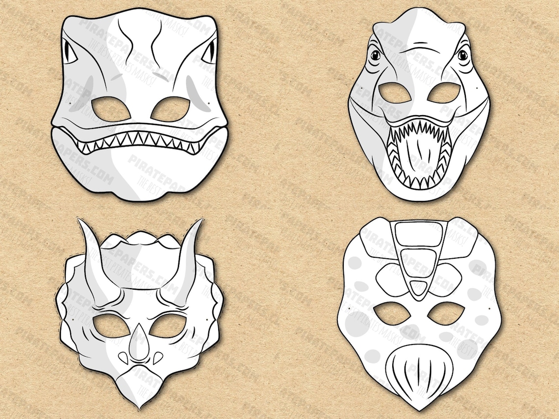 Dinosaurs Masks Printable Coloring, Velociraptor, T-rex, Triceratops ...