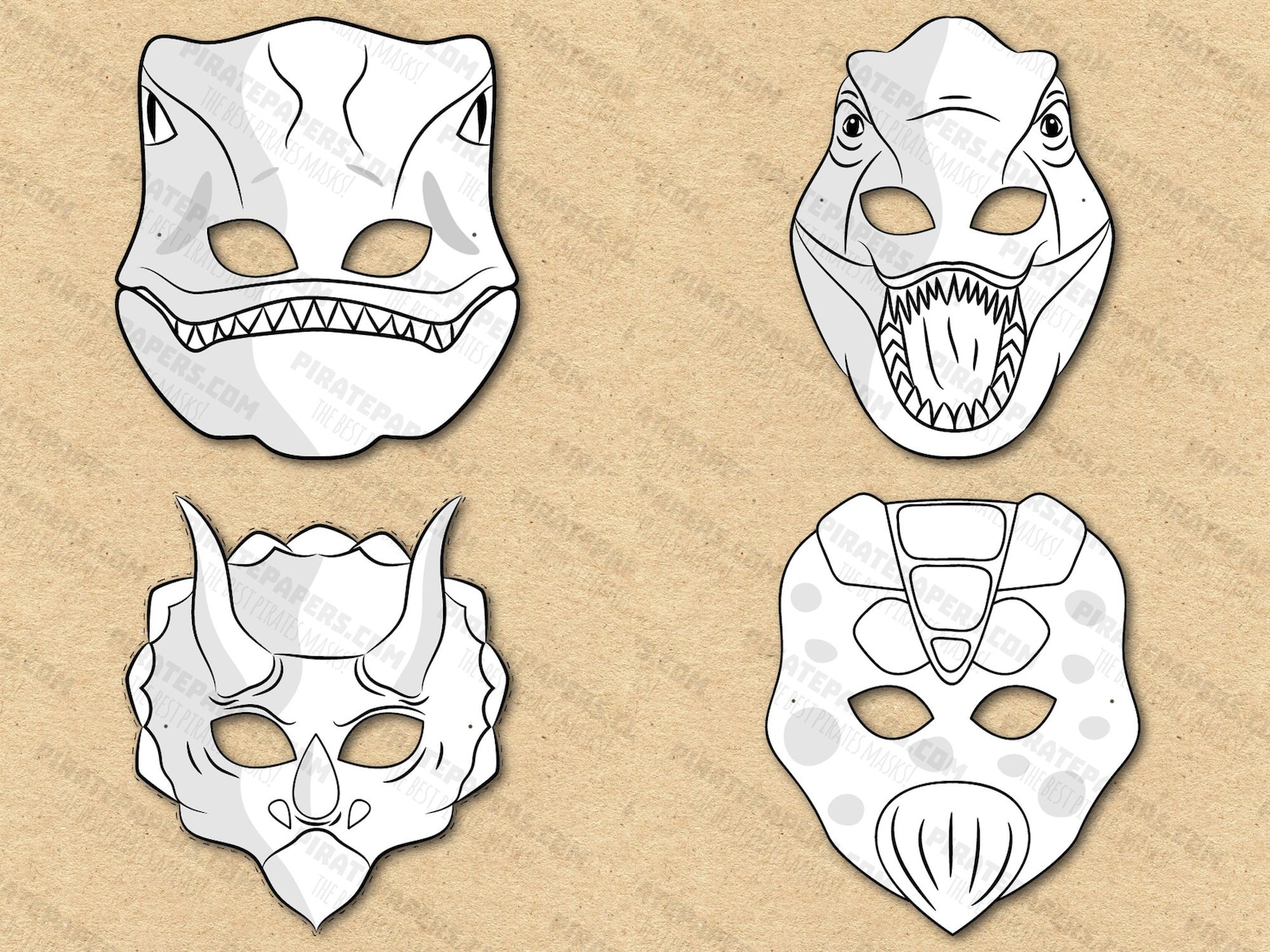 Dinosaurs Masks Printable Coloring, Velociraptor, T-rex, Triceratops ...