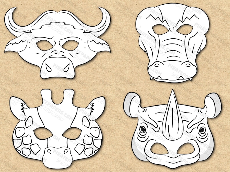 African Animals 2 Masks Printable Coloring, Rhino, Buffalo, Crocodile ...