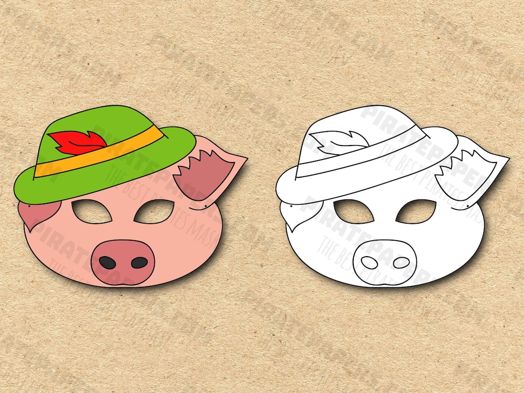Pig #1 Color + Coloring Printable Mask (the Three Little Pigs), Paper ...