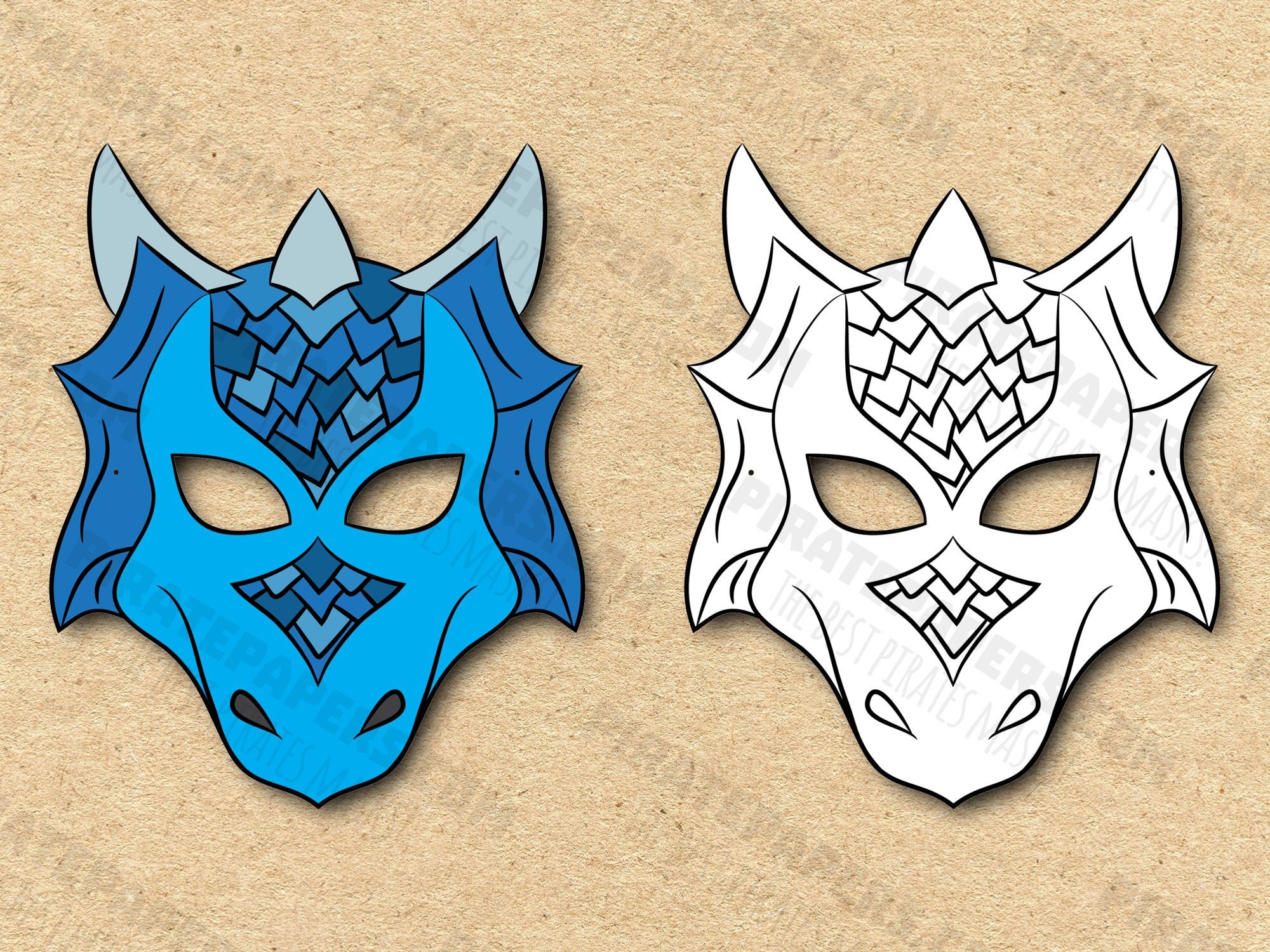Blue Dragon Masks Printable Color + Coloring, Paper DIY for Kids and Adults. PDF Template ...