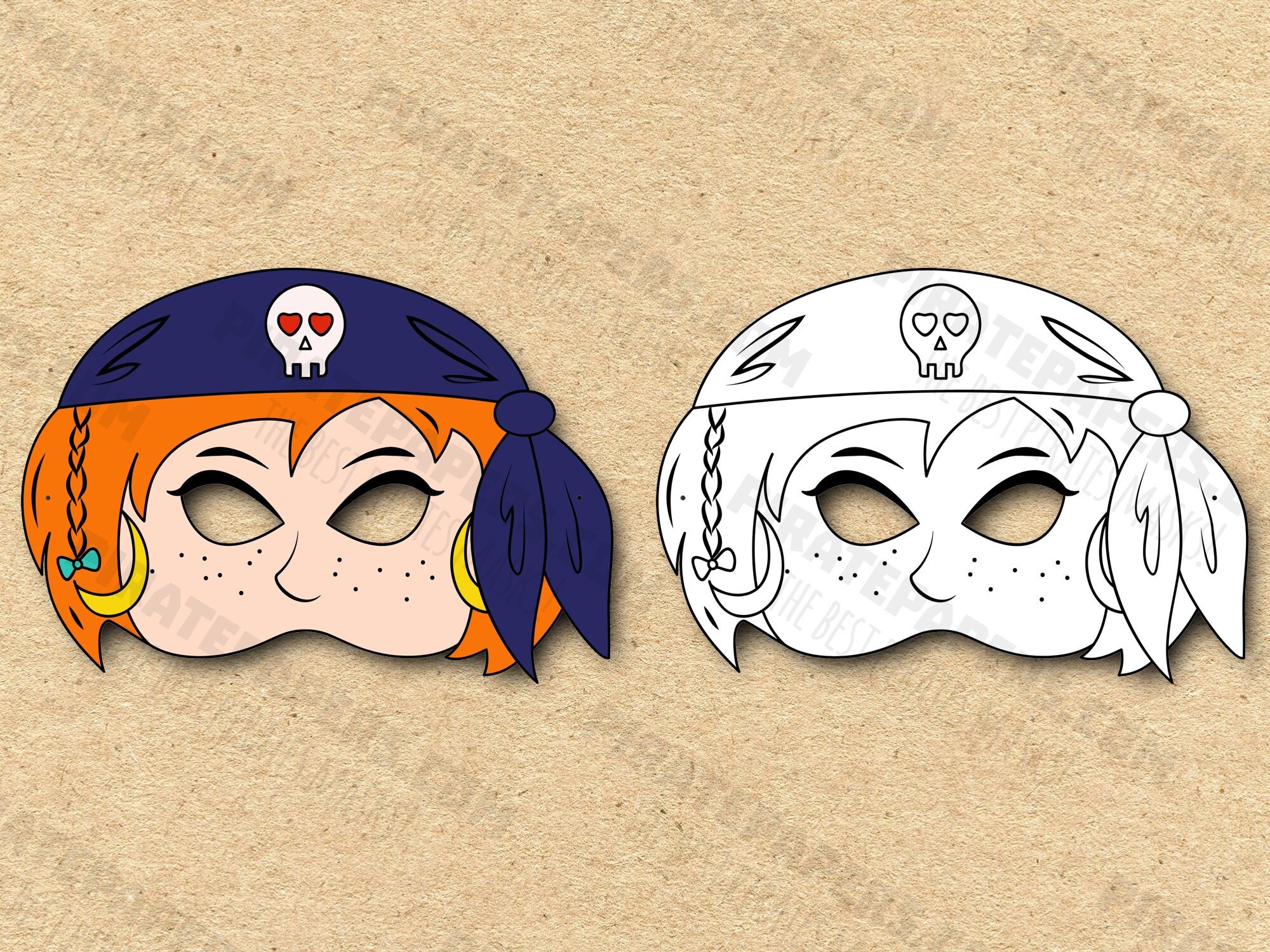 Pirate Girl Masks Printable Color + Coloring, Paper DIY for Kids and ...
