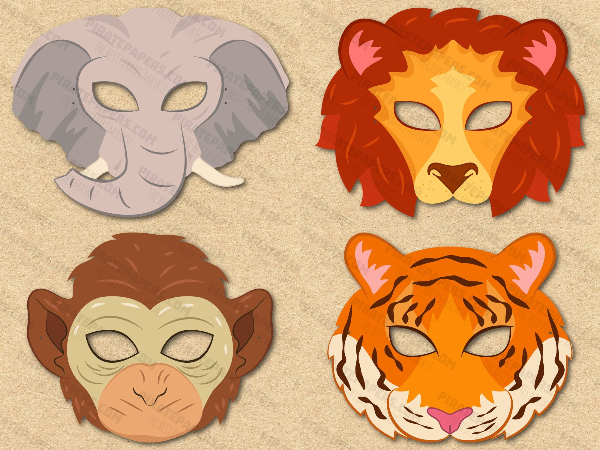 Jungle Animals Masks Printable, Lion, Monkey, Tiger, Elephant, Paper ...