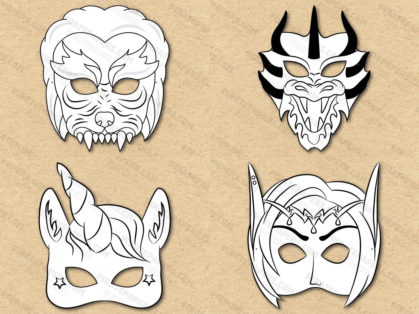 Mythical Creatures 2 Masks Printable Coloring, Unicorn, Werewolf, Elf ...