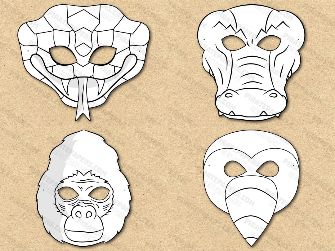 Rainforest Animals Masks Printable Coloring, Snake, Crocodile, Gorilla ...