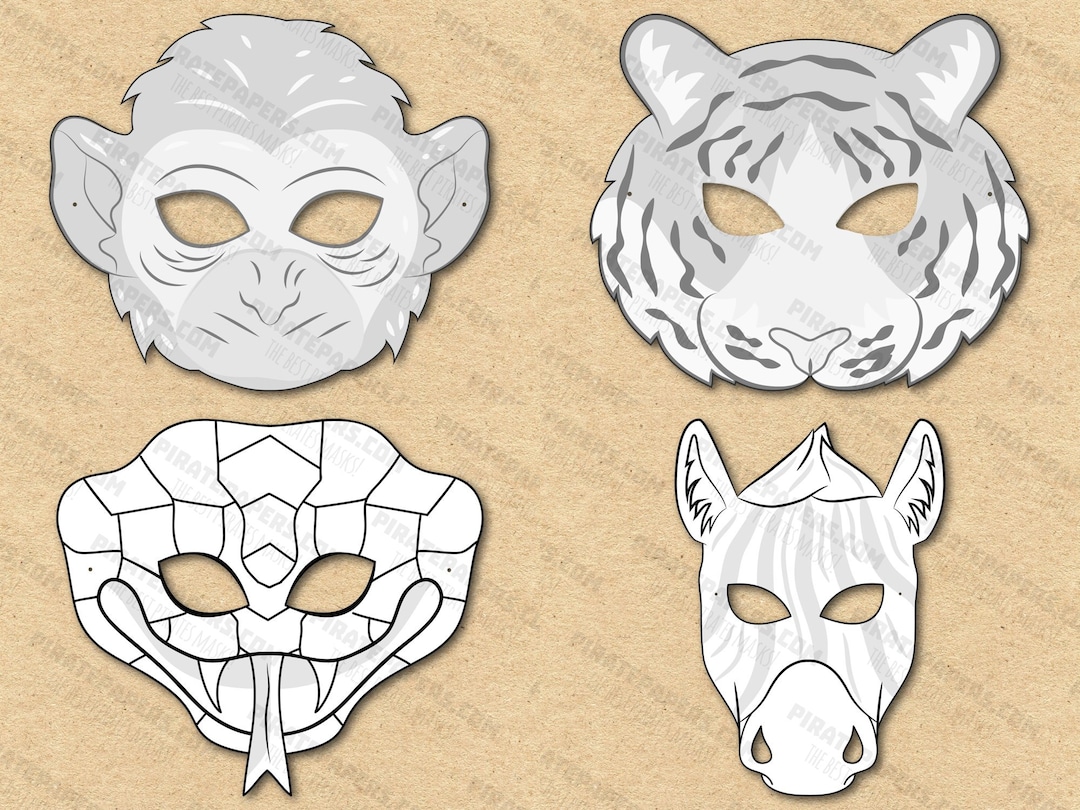 Zoo Animals 2 Masks Printable Coloring, Tiger, Monkey, Snake, Zebra ...