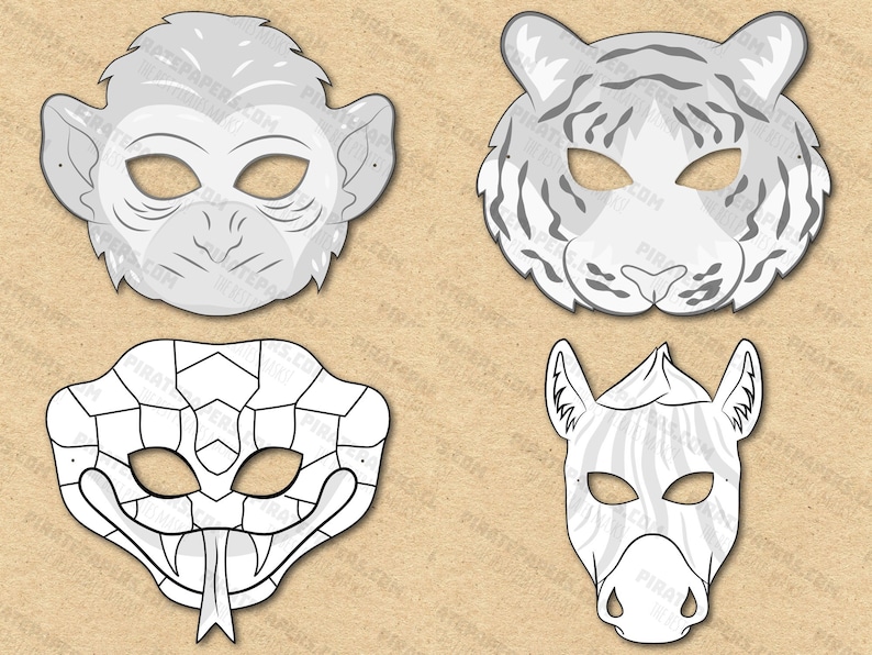 Zoo Animals 2 Masks Printable Coloring, Tiger, Monkey, Snake, Zebra ...