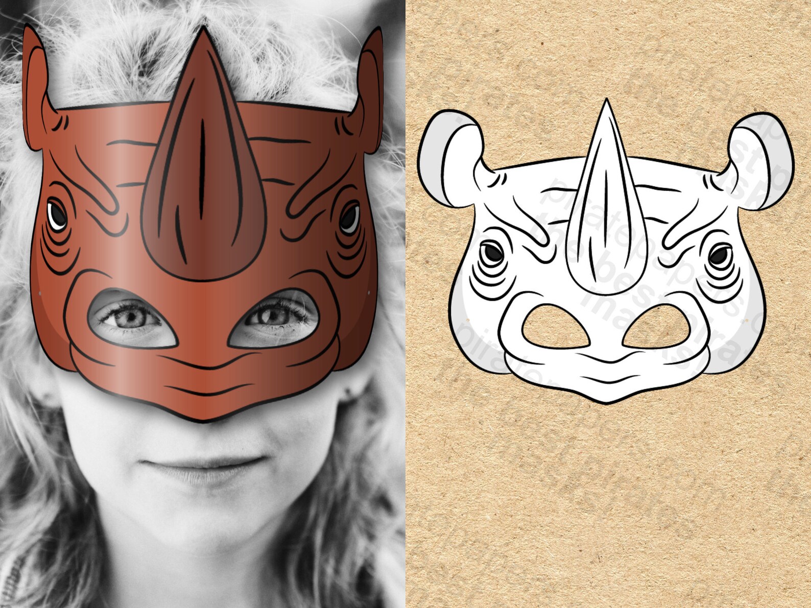 Rhino Masks Printable Color Coloring Paper DIY for Kids and - Etsy