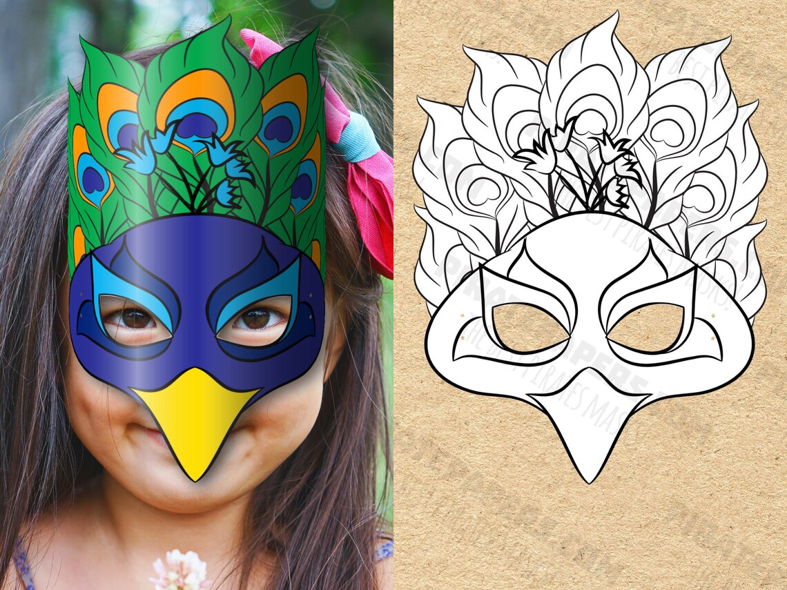 Peacock Masks Printable Color Coloring Paper DIY for Kids - Etsy