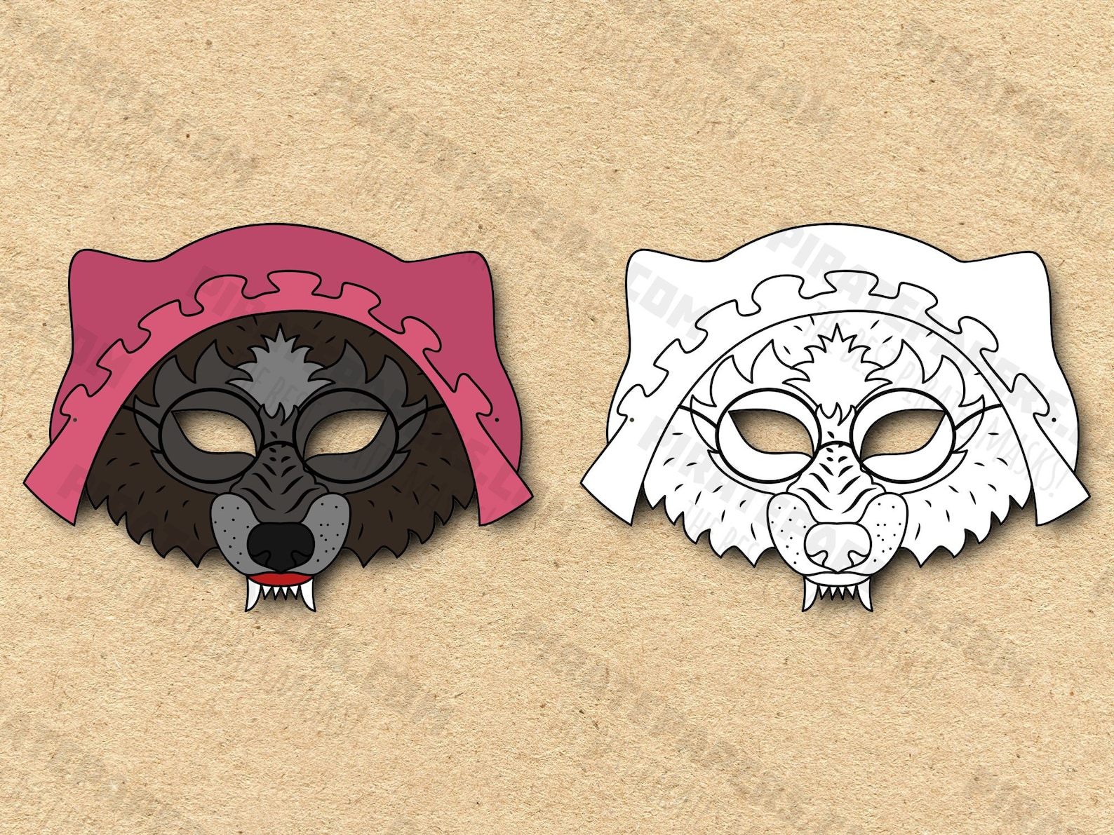 Big Bad Wolf Disguised as Grandma Masks Printable Color + Coloring ...
