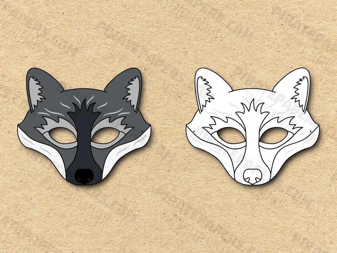 Gray Fox Masks Printable Color + Coloring, Paper DIY for Kids and ...