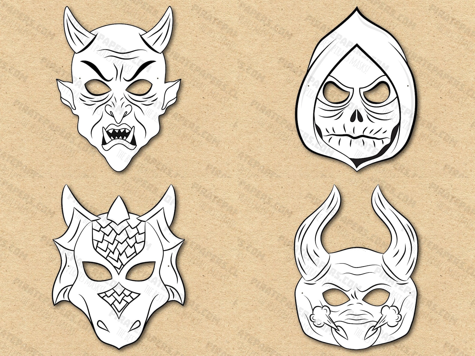 Mythical Creatures Masks Printable Coloring, Grim Reaper, Demon ...