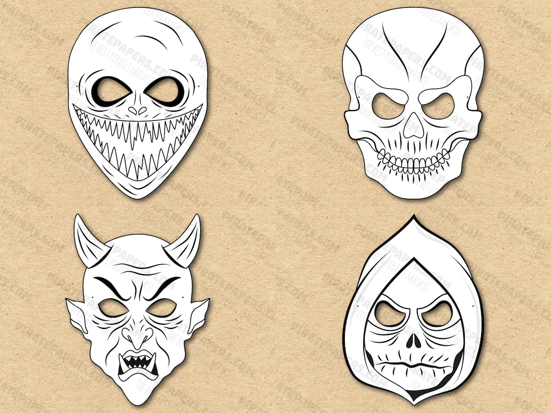 Scary Masks Printable Coloring, Creepy, Skull, Demon, Grim Reaper ...
