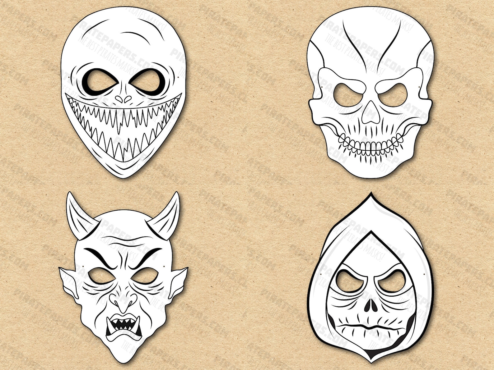 Scary Masks Printable Coloring, Creepy, Skull, Demon, Grim Reaper ...