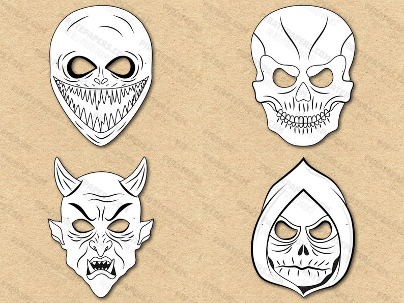 Scary Masks Printable Coloring, Creepy, Skull, Demon, Grim Reaper ...