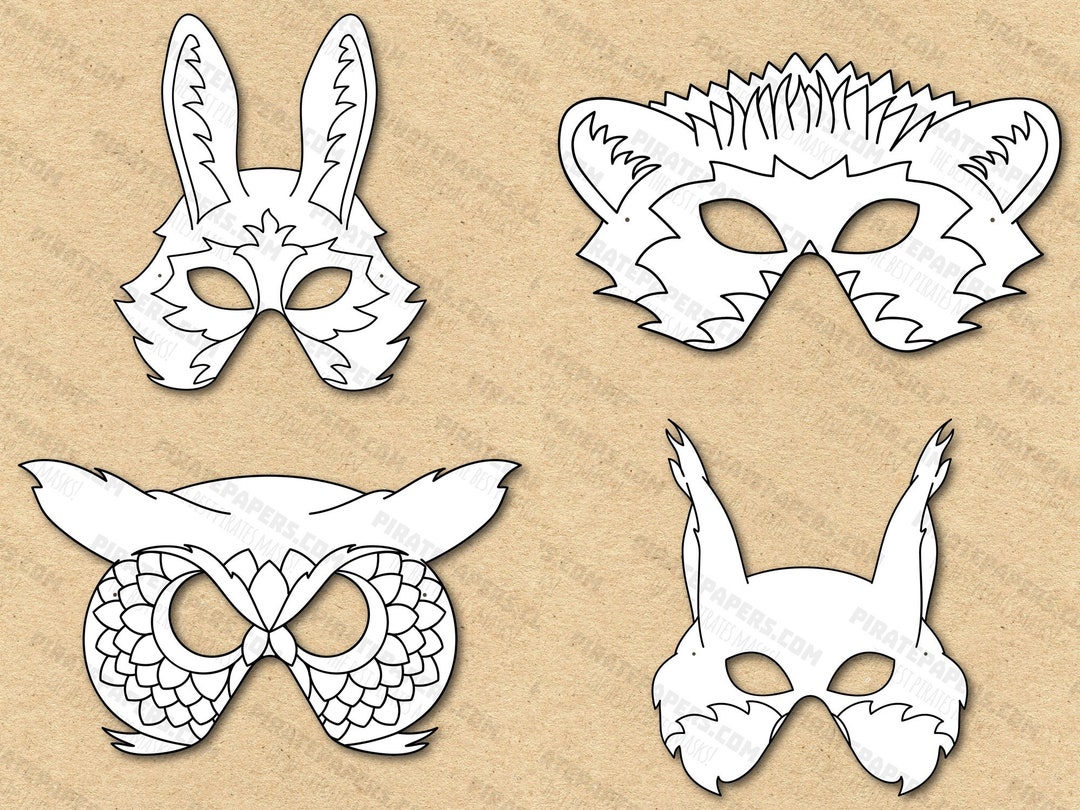 Woodland Forest Animals 4 Masks Printable Coloring, Bunny, Owl ...