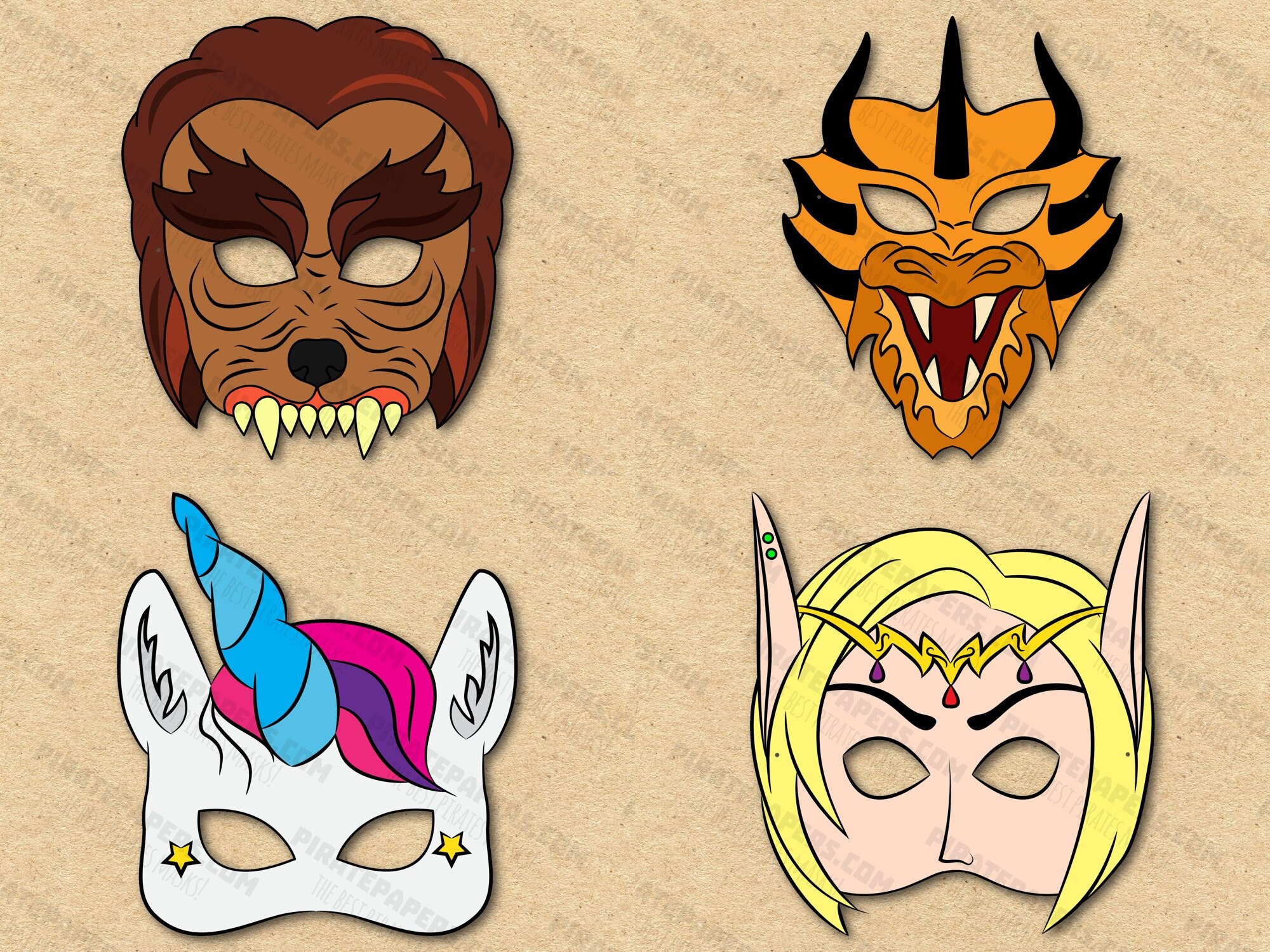 Mythical Creatures 2 Masks Printable, Unicorn, Werewolf, Elf, Evil ...