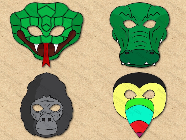 Rainforest Animals Masks Printable, Snake, Crocodile, Gorilla, Toucan ...
