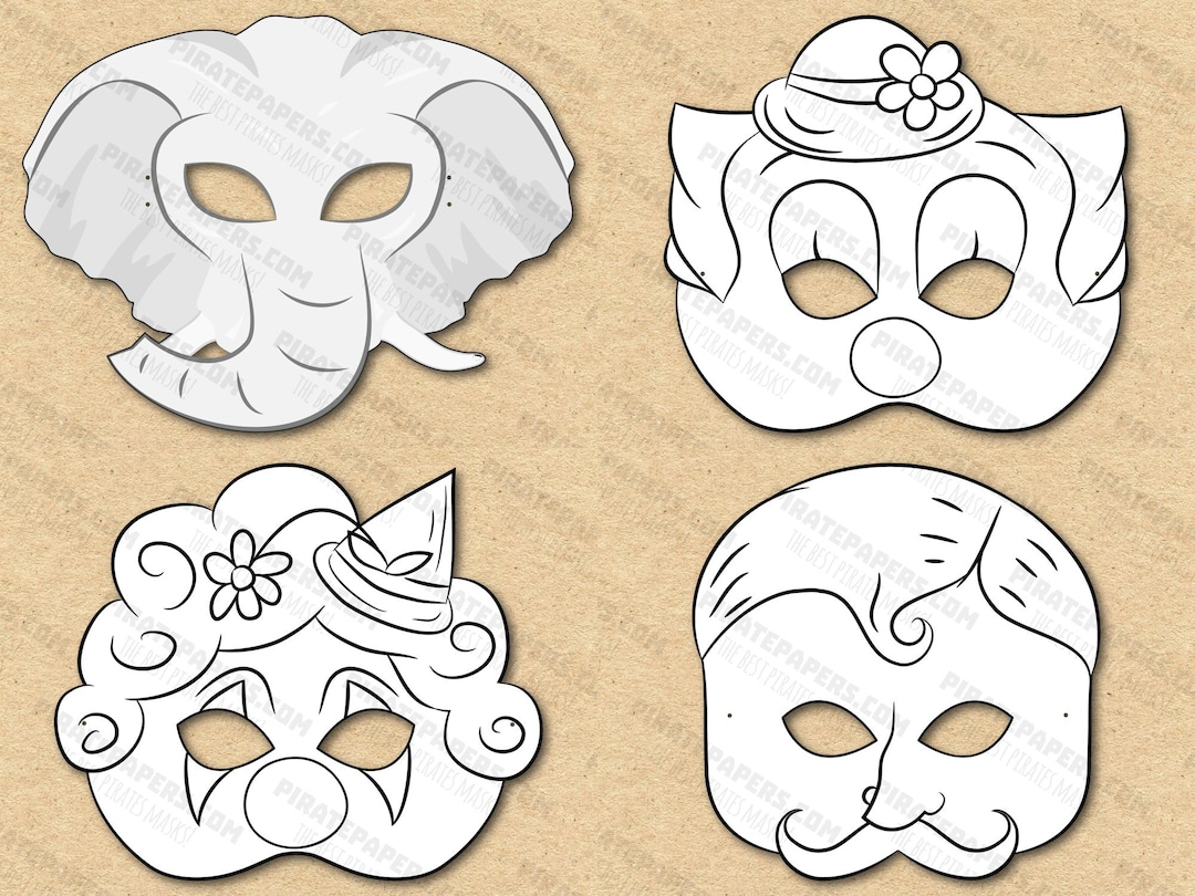 Circus Masks Printable Coloring, Clown, Clown 2, Athlete, Elephant ...