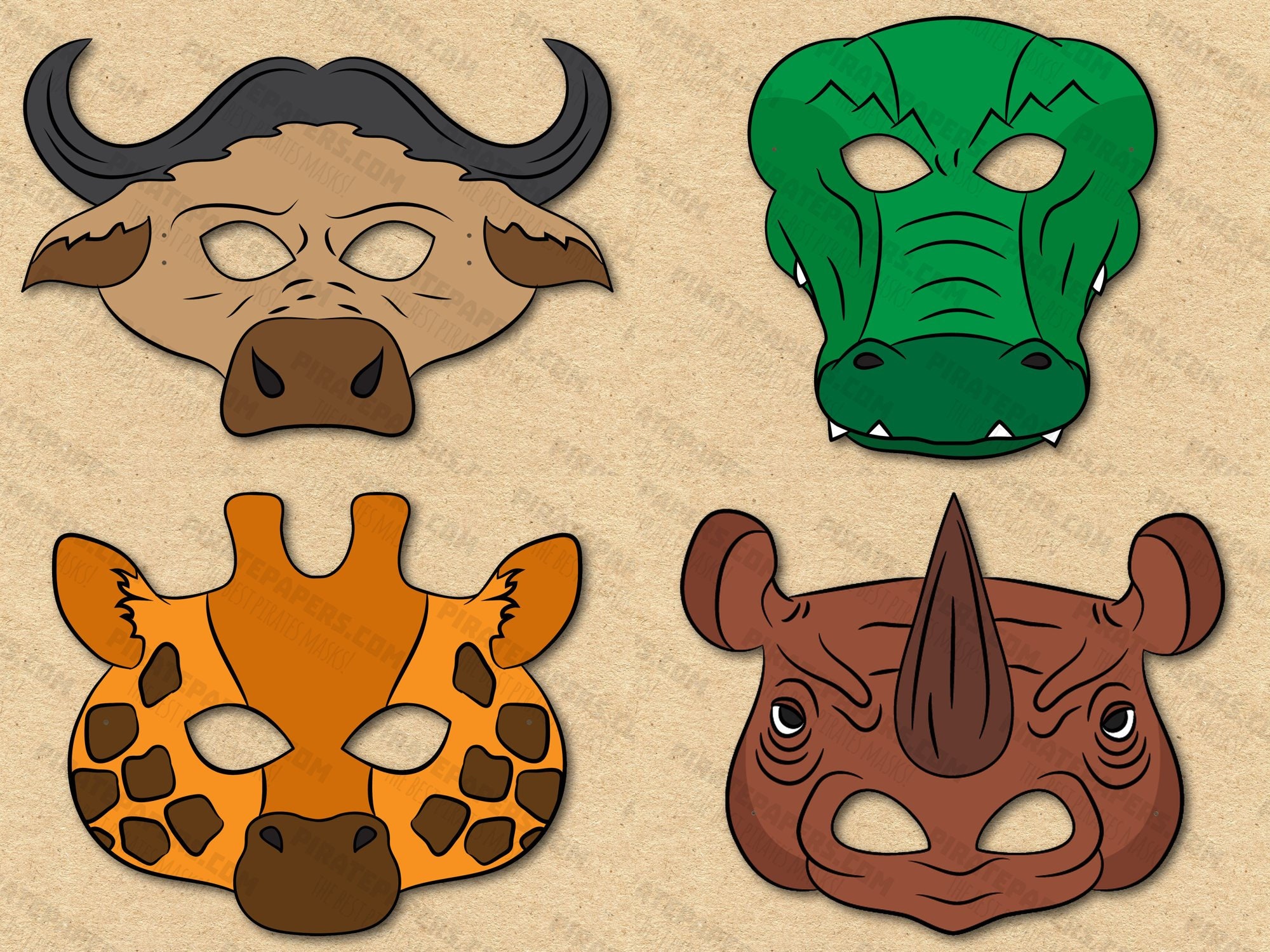 African Animals 2 Masks Printable, Rhino, Buffalo, Crocodile, Giraffe ...